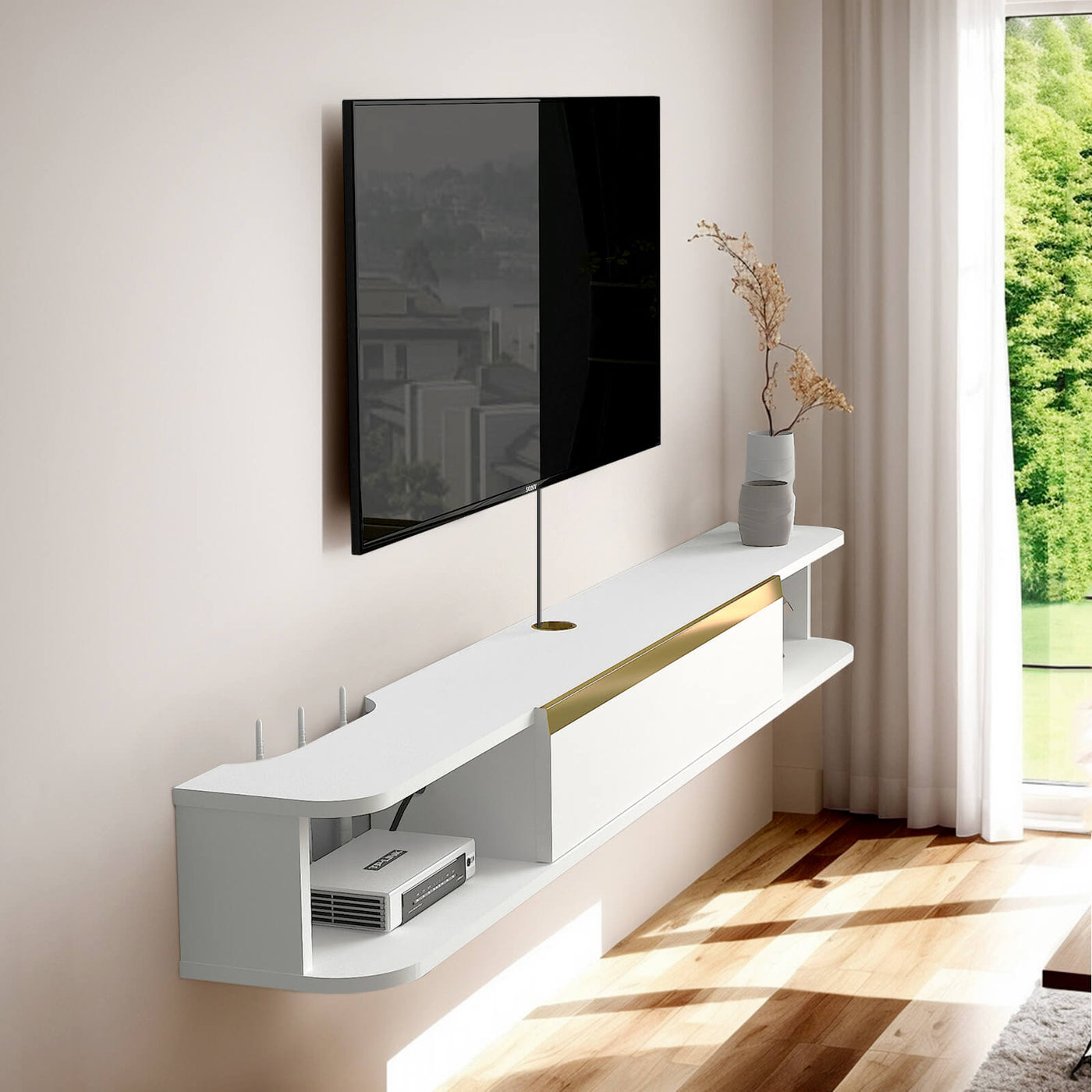Modern Wood Floating TV Shelf for 50" TVs, White with Golden Detail