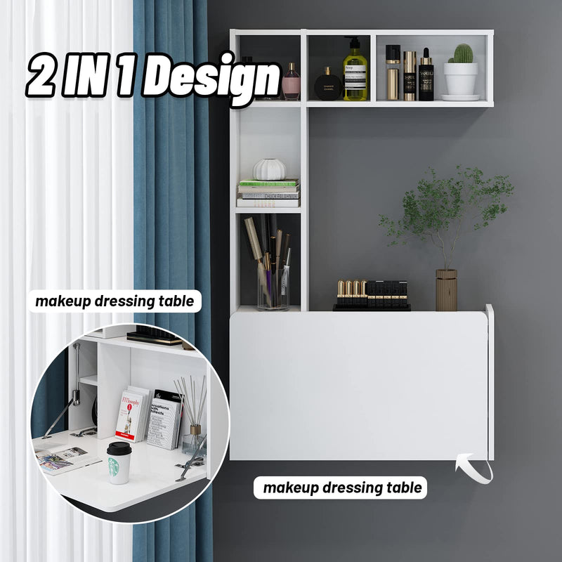 White Wall Mounted Fold Desk & Storage Shelf, Floating Beauty Vanity
